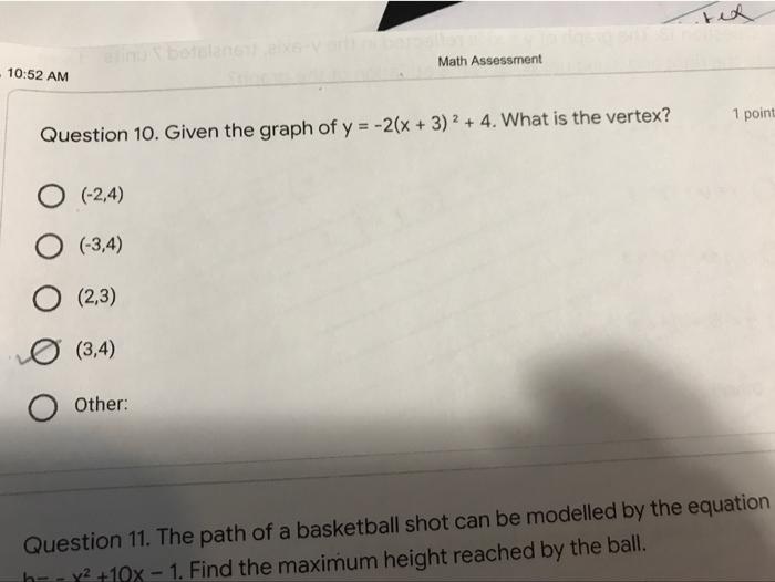 Solved ted Math Assessment 10:52 AM 1 point + Question 10. | Chegg.com