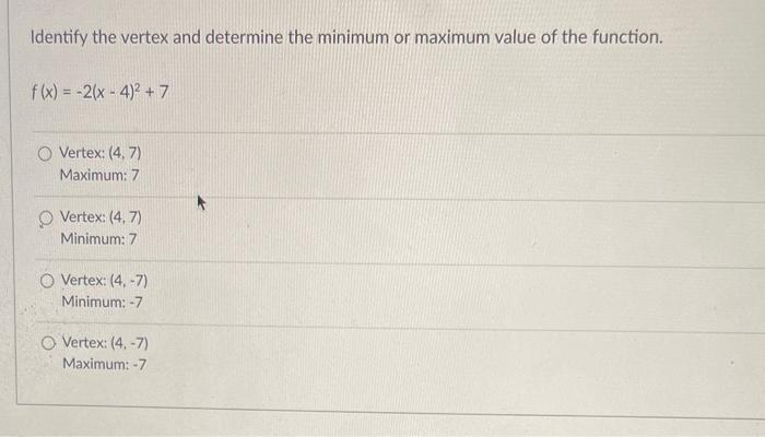 Solved Identify the vertex and determine the minimum or | Chegg.com