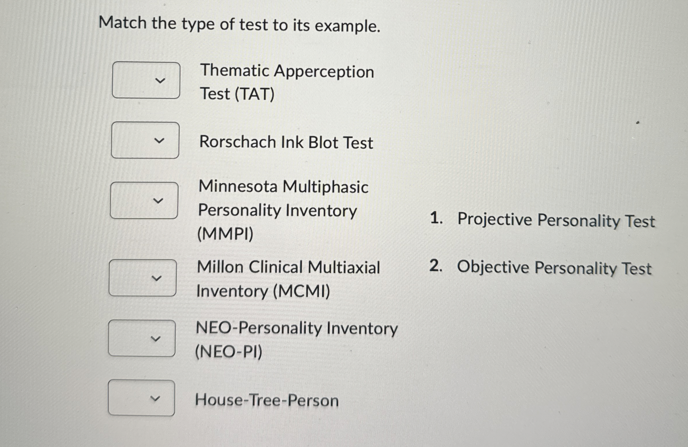 [Solved]: Match the type of test to its example. Thematic A