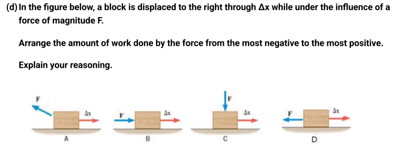 Solved (d) ﻿In the figure below, a block is displaced to the | Chegg.com