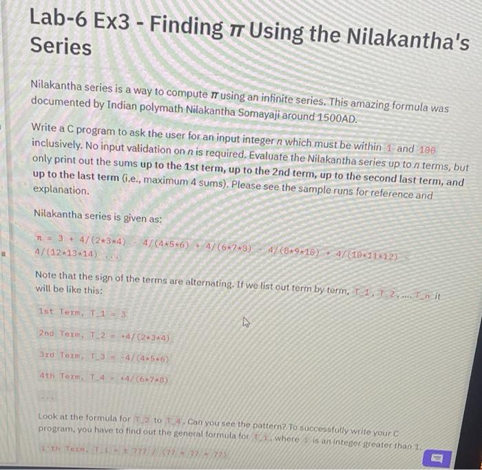 Solved Lab-6 Ex3 - Finding at Using the Nilakantha's Series | Chegg.com