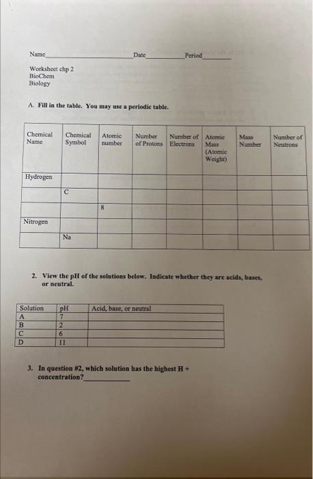 Solved Name Date Period Worksheet chp 2 BroChem Biology A. | Chegg.com