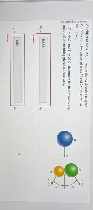 Solved An object of mass 3M, moving in the +x direction at | Chegg.com