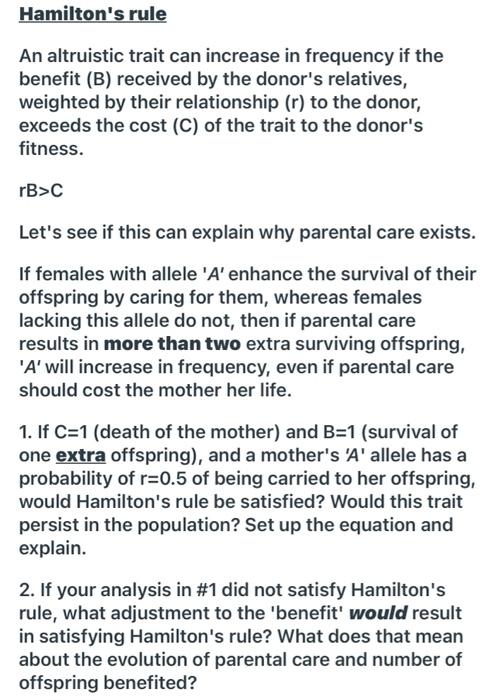 Solved Hamilton's rule An altruistic trait can increase in | Chegg.com