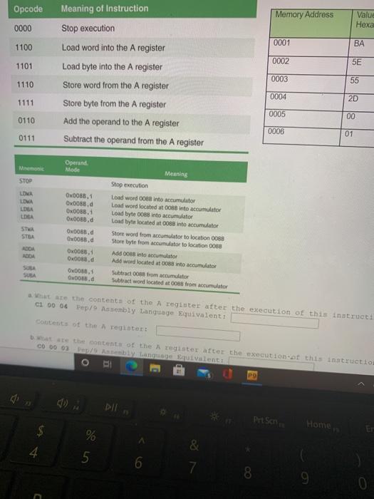 Opcode 0000 Memory Address Value Hexa 0001 BA 1100 | Chegg.com