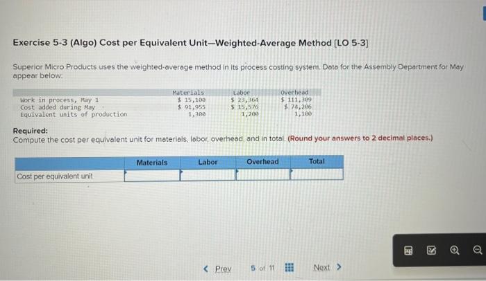 Solved Exercise 5-3 (Algo) Cost per Equivalent | Chegg.com