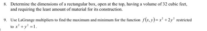Solved 8. Determine the dimensions of a rectangular box, | Chegg.com
