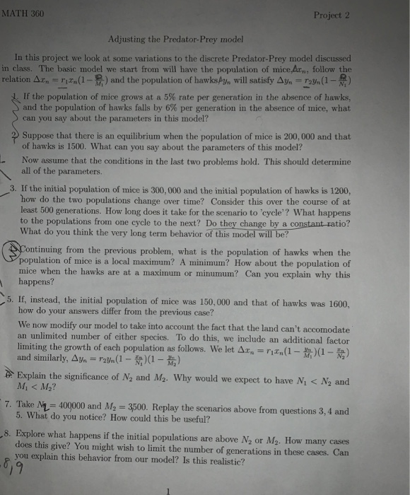 MATH 360 Project 2 Adjusting the Predator-Prey model | Chegg.com