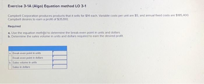 Solved Exercise 3-1A (Algo) Equation method LO 3-1 Campbell | Chegg.com