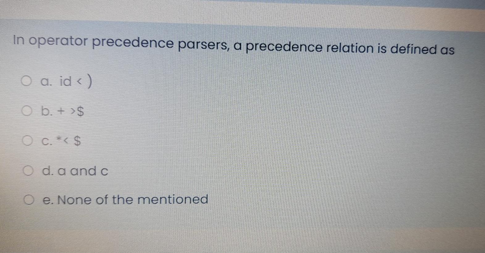 Solved In operator precedence parsers, a precedence relation | Chegg.com