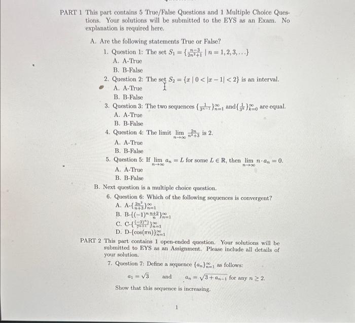 Solved RT 1 This part contains 5 True/False Questions and 1 | Chegg.com
