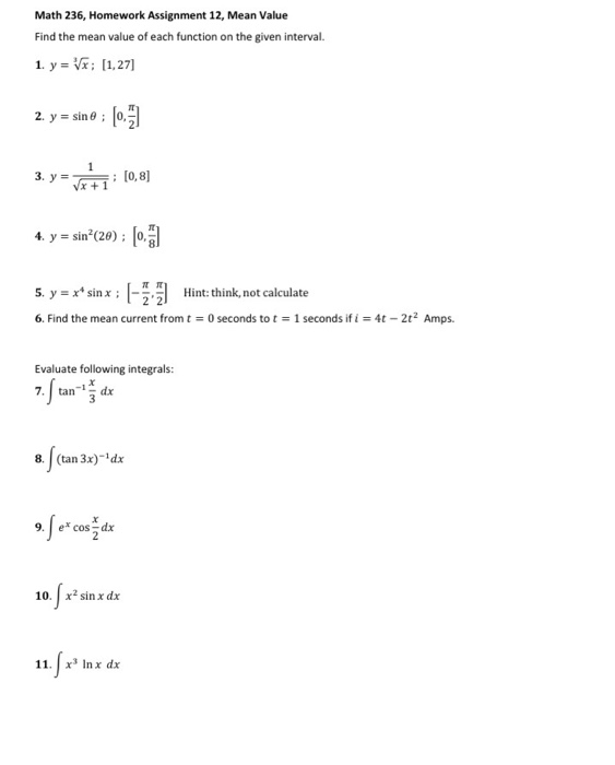 Solved Math 236, Homework Assignment 12, Mean Value Find the | Chegg.com