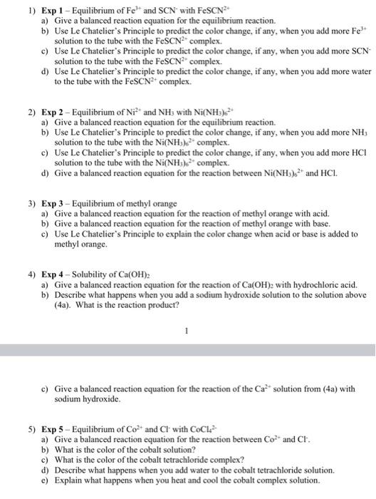 Solved 1) Exp 1 - Equilibrium of Fe and SCN with FeSCN a) | Chegg.com