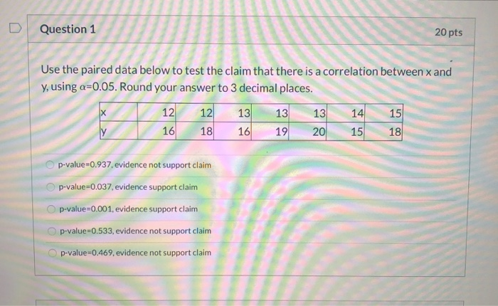 Solved Question 1 20 pts Use the paired data below to test | Chegg.com