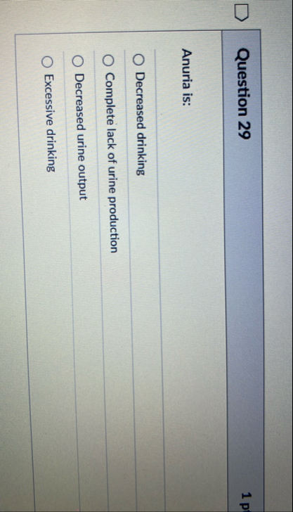Solved Question 29Anuria is:Decreased drinkingComplete lack | Chegg.com