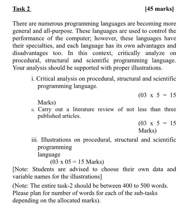 Solved Task 2 [45 marks] There are numerous programming | Chegg.com