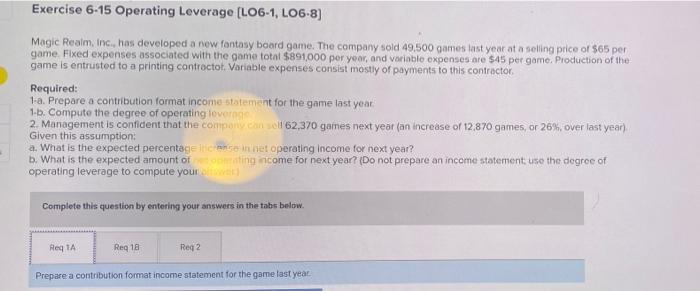Solved Exercise 6-15 Operating Leverage (LO6-1, LO6-8] Magic | Chegg.com
