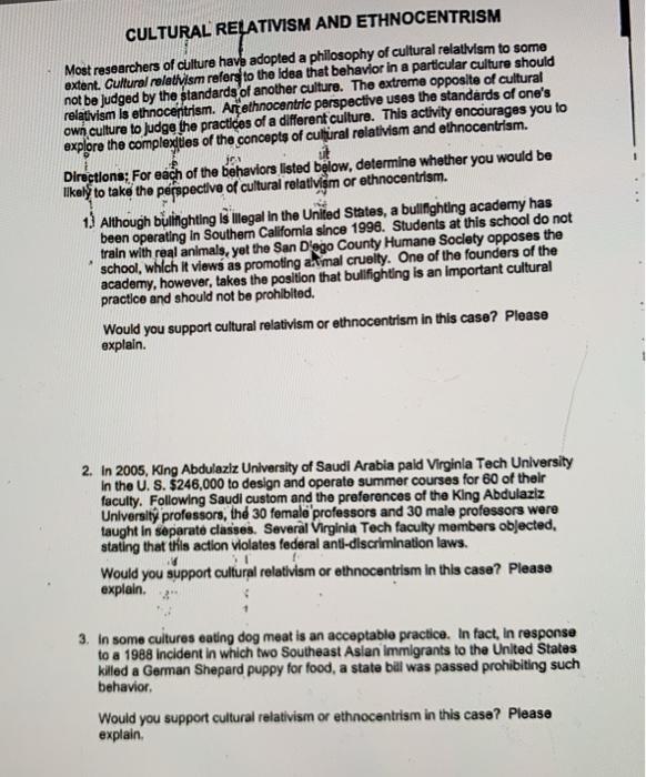 Solved ju CULTURAL RELATIVISM AND ETHNOCENTRISM Most | Chegg.com