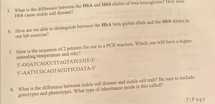 Solved 5. What is the difference between the HbA and HbS | Chegg.com