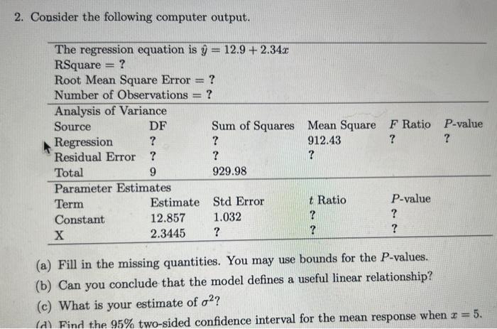 2. Consider the following computer output. The | Chegg.com