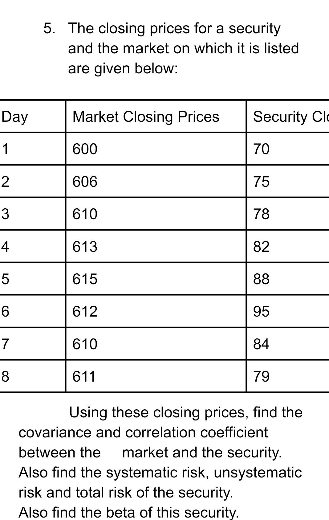 Solved 5. The closing prices for a security and the market | Chegg.com