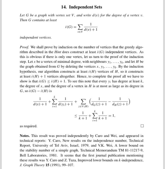 Solved 14. Independent Sets Let G be a graph with vertex set | Chegg.com