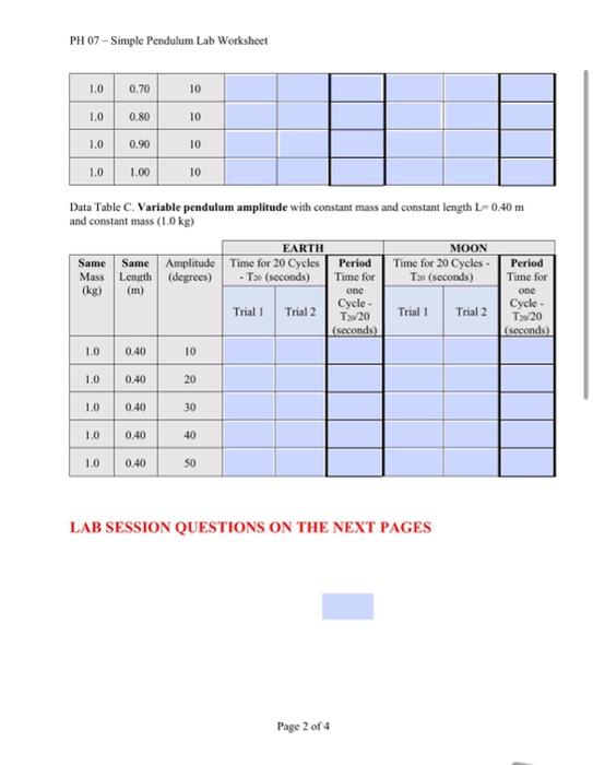 Solved Data Table A. Variable mass with constant length and | Chegg.com