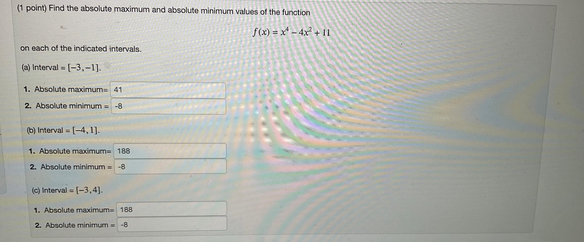 Solved (1 ﻿point) ﻿Find the absolute maximum and absolute | Chegg.com