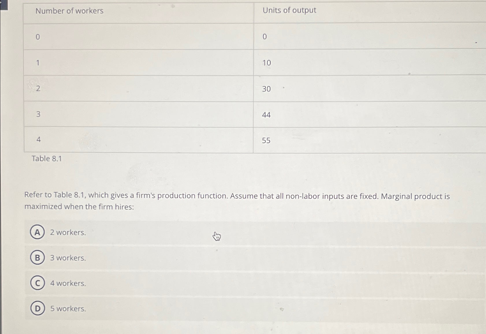 Solved \table[[Number of workers,Units of | Chegg.com