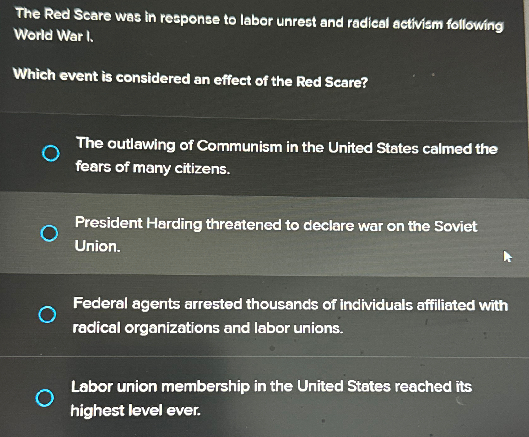 Solved The Red Scare was in response to labor unrest and | Chegg.com