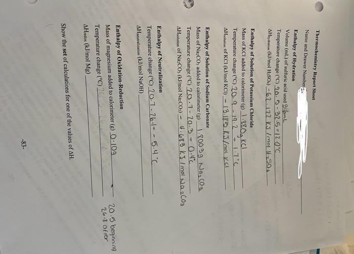 Solved Enthalpy of Solution of Potassium Chloride Mass of | Chegg.com