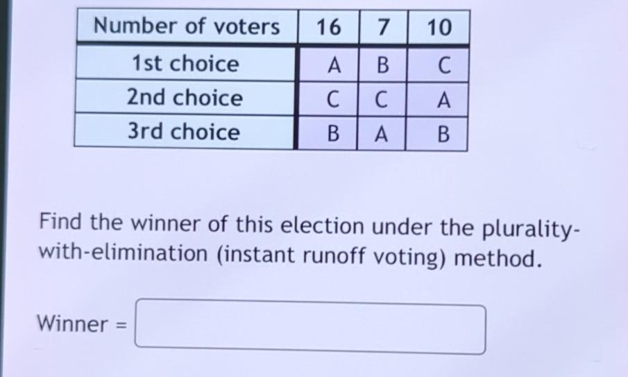 Solved \table[[Number of voters,16,7,10],[1st | Chegg.com