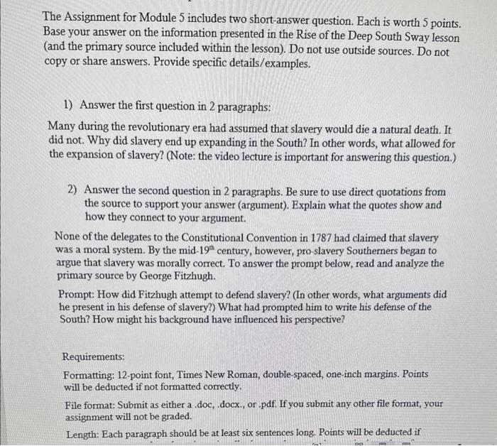 The Assignment for Module 5 includes two short-answer | Chegg.com