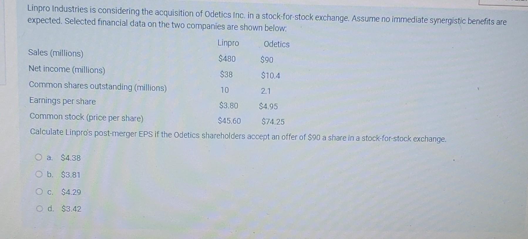 Solved Linpro Industries is considering the acquisition of | Chegg.com