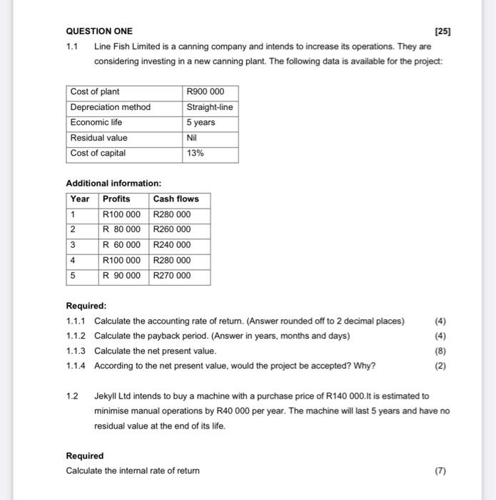 Solved QUESTION ONE [25] 1.1 Line Fish Limited is a canning | Chegg.com