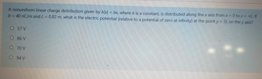 Solved A nonuniform linear charge distribution given by 20x) | Chegg.com