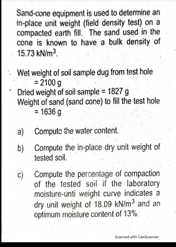 Solved Sand-cone equipment is used to determine an in-place | Chegg.com