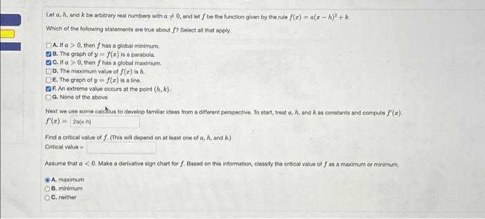 Solved Let a, h, and k be arbitrary real numbers with a 0, | Chegg.com