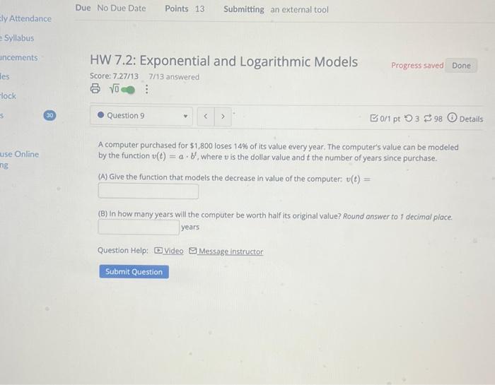 Solved HW 7.2: Exponential and Logarithmic Models Progress | Chegg.com