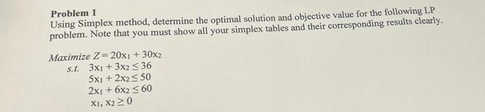 Solved Problem 1 Using Simplex method, determine the optimal | Chegg.com