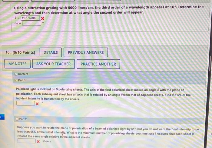 Solved Using a diffraction grating with 5000 lines/cm, the | Chegg.com