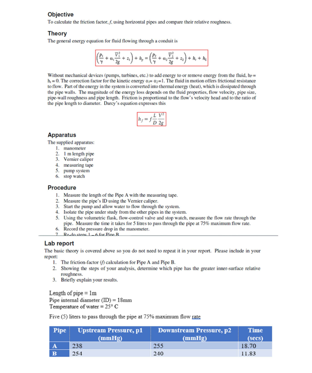 Solved ObjectiveTo calculate the friction factor, f, ﻿using | Chegg.com