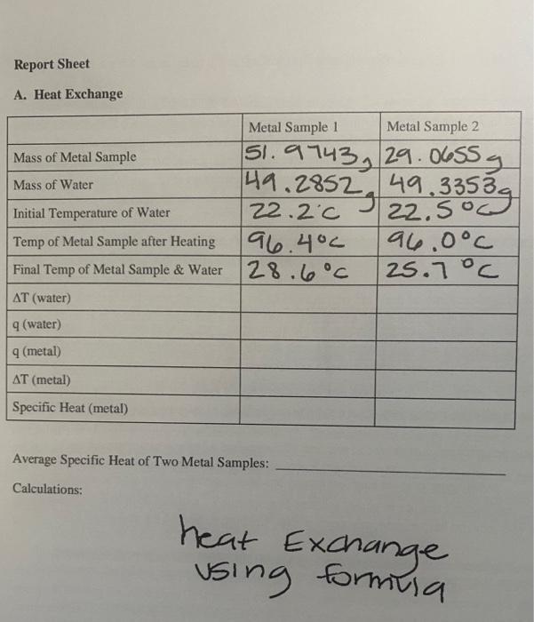 Solved Report Sheet A. Heat Exchange Average Specific Heat | Chegg.com