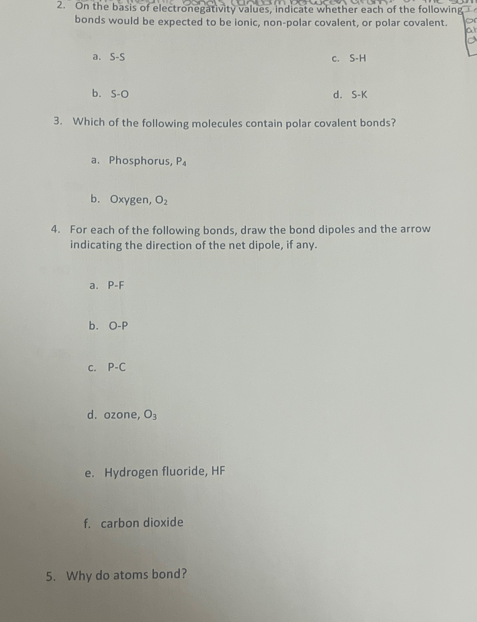 Solved On the basis of electronegativity values, indicate | Chegg.com