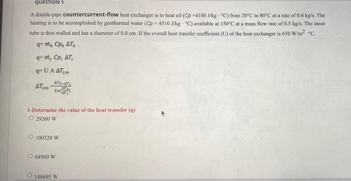 Solved A double-pipe countercurrent-flow heat exchanger is | Chegg.com