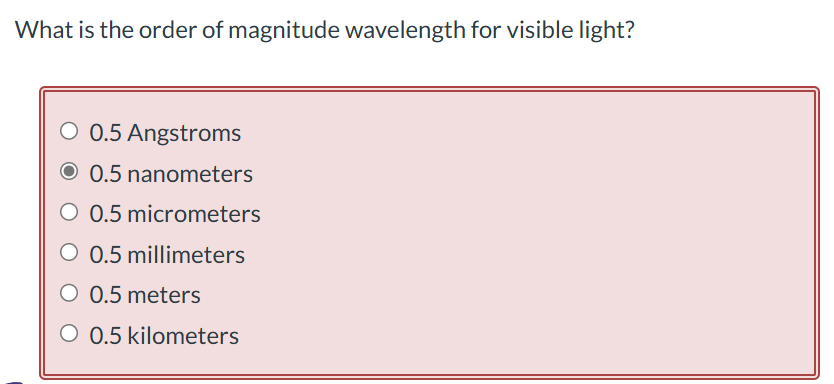 Solved What is the order of magnitude wavelength for visible | Chegg.com