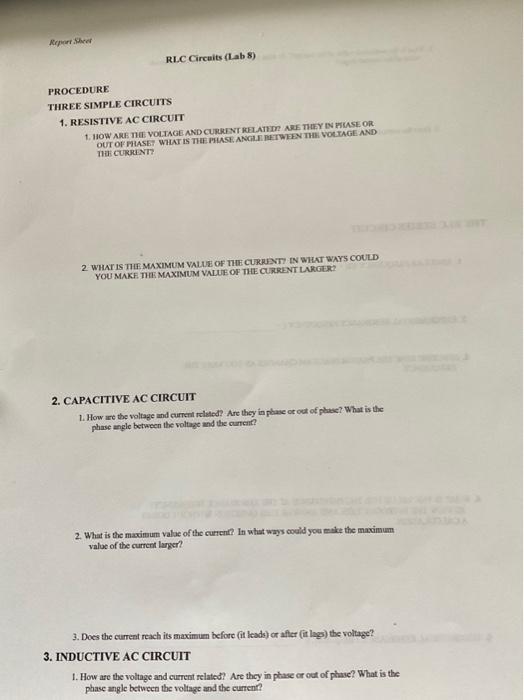 Solved Rphew RLC Circuits (Lab 8) PROCEDURE THREE SIMPLE | Chegg.com