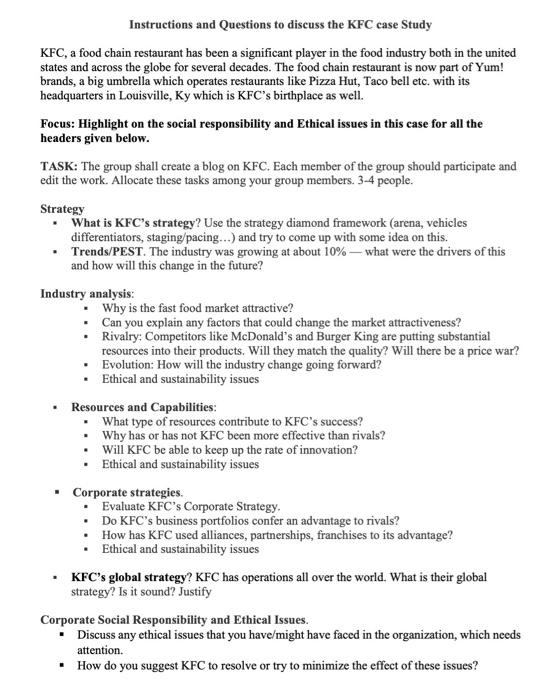 Instructions and Questions to discuss the KFC case | Chegg.com