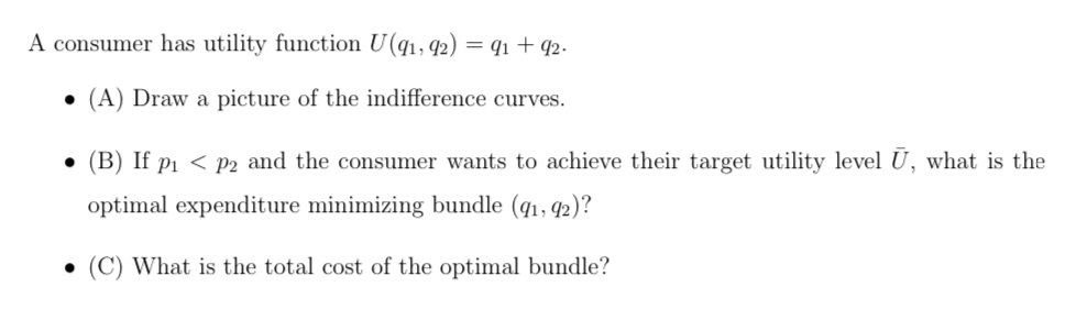 Solved A consumer has utility function U(q1,q2)=q1+q2.(A) | Chegg.com