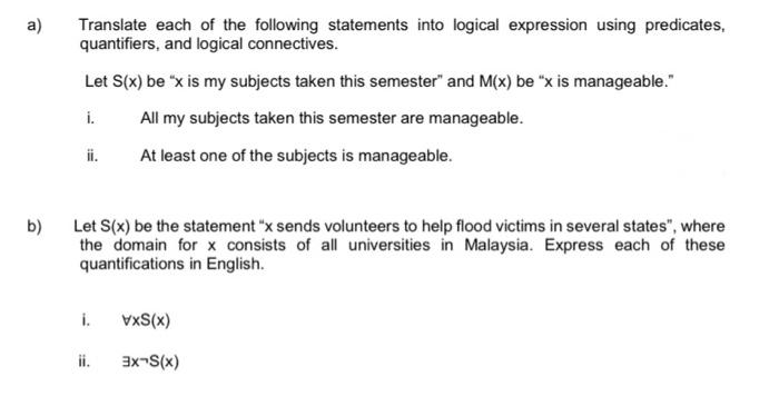 Solved a) Translate each of the following statements into | Chegg.com